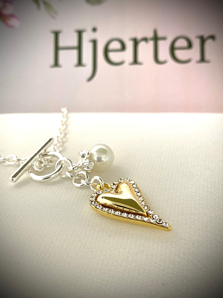 10745 Halvlangt smykke sølvfarget m/ring Hjerte og Perle med ste - Hjerter